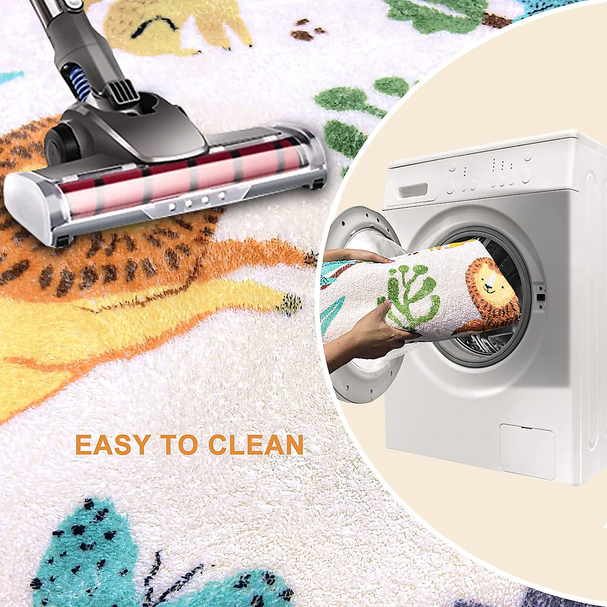 WREWING Round Rug 3.3ft, Cute Animals Large Non Slip Super Soft Plush Area Rug for Kids Room Playroom Nursery Bedroom, Educational Washable Circular Floor Mat for Home Room Decorative (Zoo)