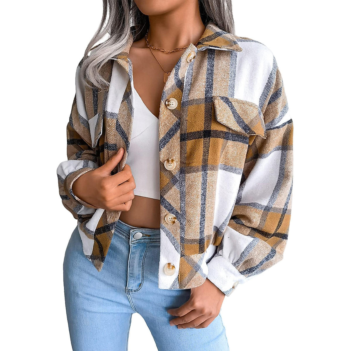 Gihuo Women' s Cropped Shacket Plaid Jacket Button Down Flannel Shirts Outerwear(Khaki-Large)