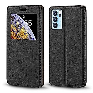 Shantime Oppo Reno 6 Pro 5G Case, Wood Grain Leather Case with Card Holder and Window, Magnetic Flip Cover for Oppo Reno 6 Pro 5G Black