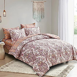 Yiran 7 Pieces Bed in a Bag Paisley Comforter Set Paisley Floral Bedding Set Soft Microfiber Boho Comforter King Size 90"×103"(1 Comforter,2 Pillowcases,2 Pillow Shams,1 Flat Sheet,1 Fitted Sheet)
