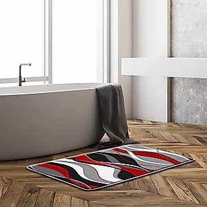 Red Black Gray White 3 Piece Bath Mat Sets,Modern Geometric Striped Line Abstract Geo Wave Simple Contemporary Bathroom Kitchen Memory Foam Rug,17.8"x29.5"Bath Mat,Toilet Seat Cover,U-Shaped Toilet