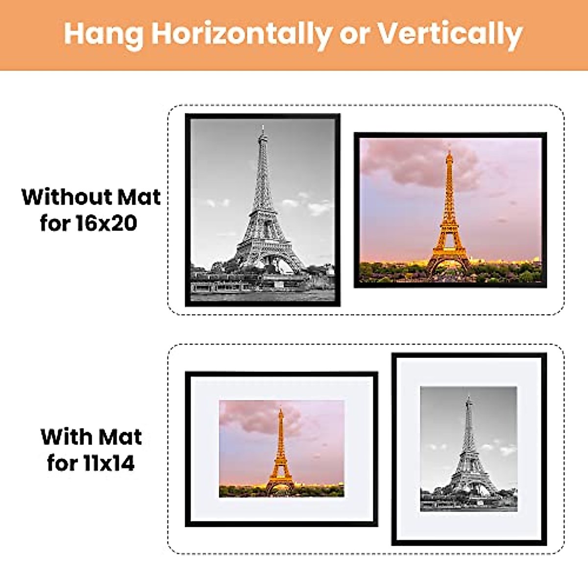 upsimples 16x20 Picture Frame Set of 5, Display Pictures 11x14 with Mat or 16x20 Without Mat,Wall Gallery Poster Frames,Black