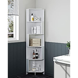 Yusong Bookshelf Corner Shelf Bookcase, Wooden 5-Tier Book Shelves Display Cabinet for Living Room,Bedroom,Bathroom, White