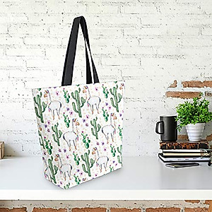 Canvas Shoulder Bag Llama Cactus Flower Large Tote Handbag Travel Satchel for Women Girls