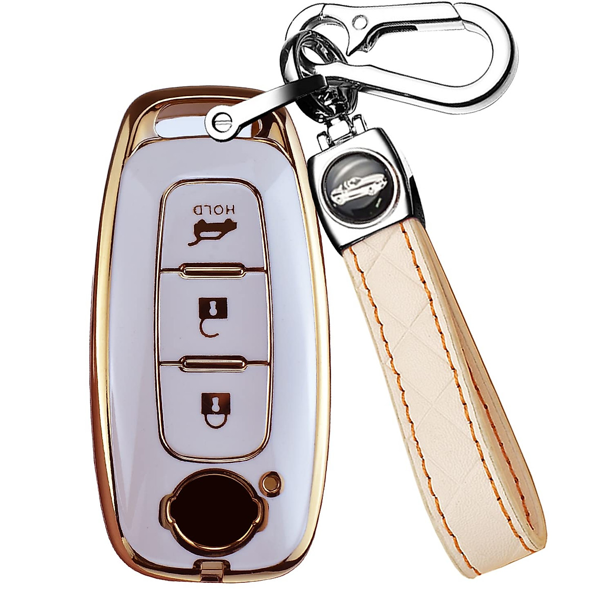 HIBEYO Key Fob Cover for Nissan Qashqai Altima Teana 2022 2023 Key Case Holder 3 Button for Nissan Accessories Smart Key Keychains for Nissan Teana-White