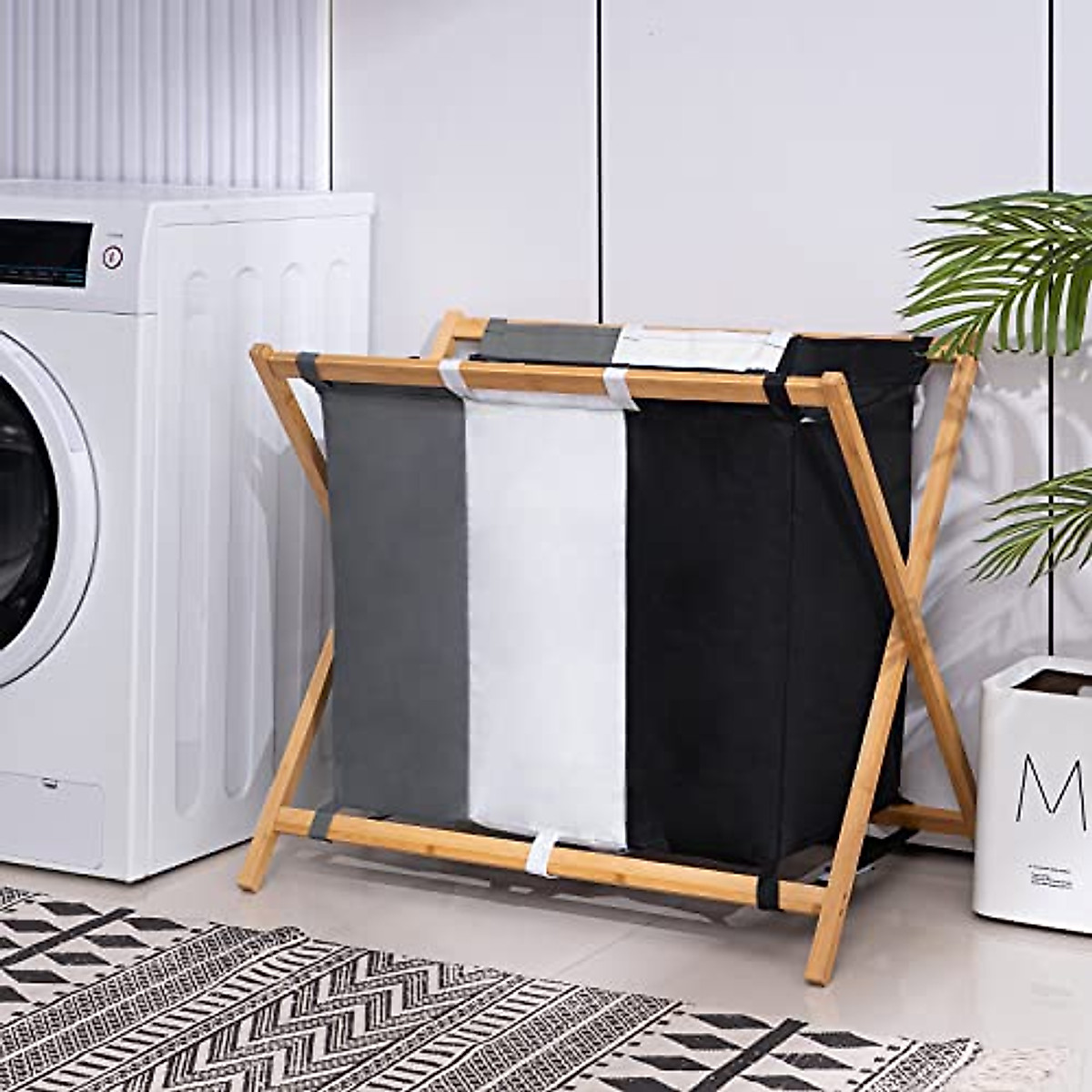 YOUDENOVA 143L Large Laundry Hamper Basket 3 Section, Waterproof Laundry sorter with 3 Compartments, Triple Divided laundry Organizer for Bedroom, Bathroom Organization, Black and Grey