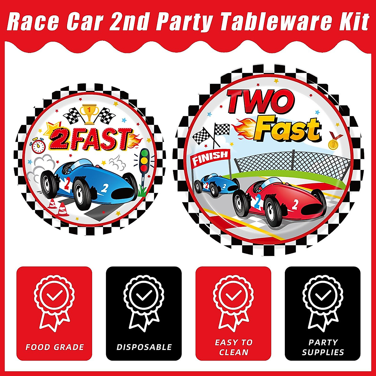 Kepeel 96Pcs Two Fast Birthday Party Supplies, Race Car 2nd Party Plates and Napkins Sets for Kids Boys Race Track Racing Sports Themed Two Years Old Party Baby Shower Decorations Favors, Serves 24