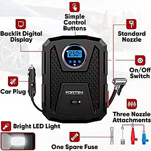 FORTEM Tire Inflator Portable Air Compressor 150 PSI, 12V Electric Bike Pump for Car Tires and Bicycles with LED Light, Digital Tire Pressure Gauge w/Auto Pump/Shut Off, Carrying Case (Black)
