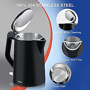 Electric Kettle, 100% Stainless Steel Interior Double Wall Electric Tea Kettle, 1500W Cool Touch Water Boiler, 1.5L, BPA-Free with Auto Shut-Off & Boil-Dry Protection, Cordless Base & LED Indicator