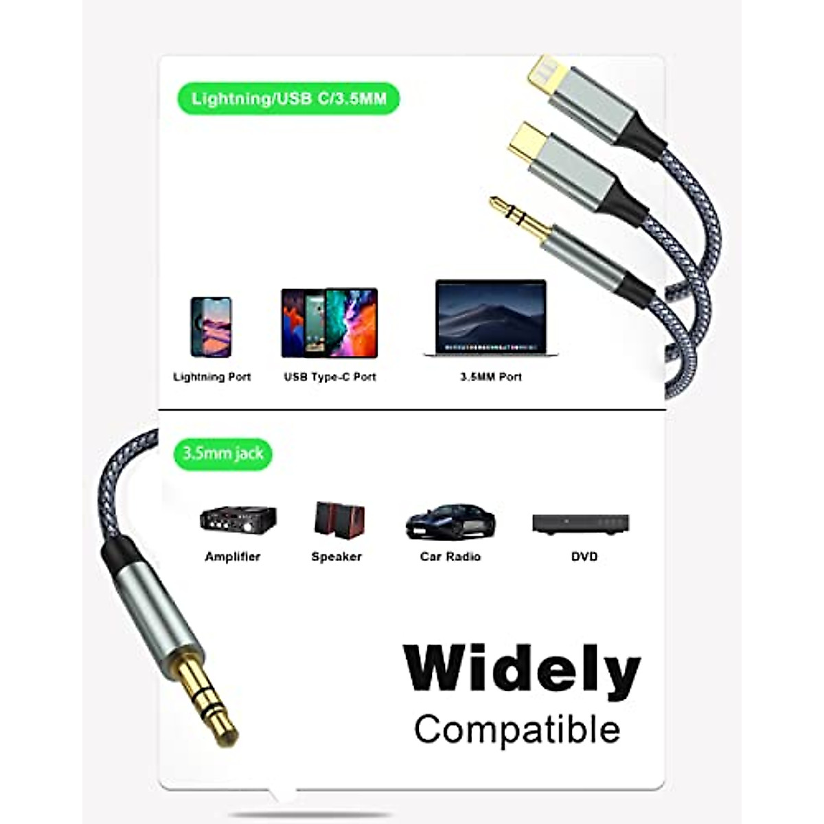Lightning to 3.5mm Audio Cable, USB C to 3.5mm Aux Jack Cable,3.5mm Nylon Aux Cable( 3-in-1 3.5mm auxiliary jack cable）Compatible with Phone 13/12/11/XR/XS/X/8/7/6 Suitable for cars, speakers, etc