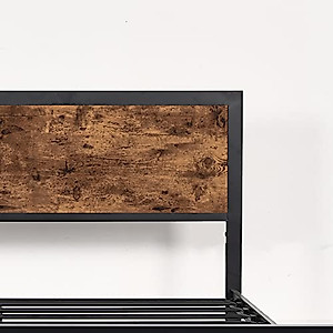 Queen Size Platform Metal Bed Frame with Wooden Headboard and Footboard/Rustic Country Style Mattress Foundation /No Box Spring Needed/Under Bed Storage/Strong Slat Support, Rustic Brown (Queen)