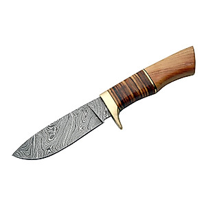 SZCO Supplies DM-1100 Damascus Stacked Leather/Olivewood Hunting Knife