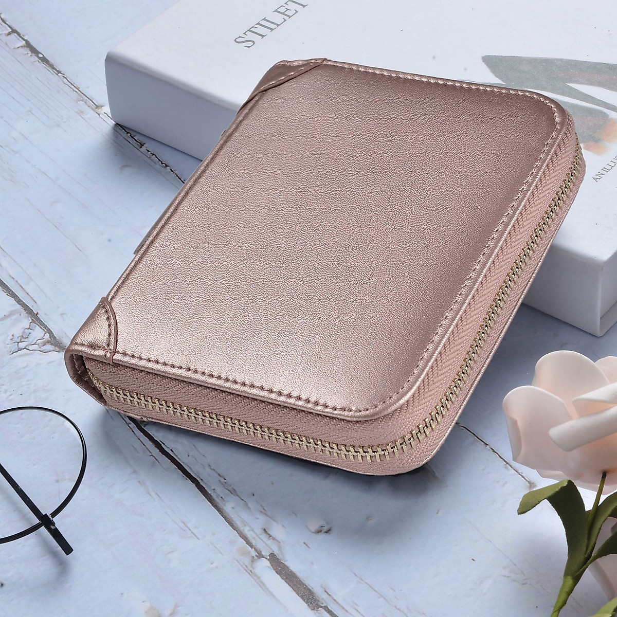Easyoulife Womens Credit Card Holder Wallet Zip Leather Card Case RFID Blocking (Rose Gold)