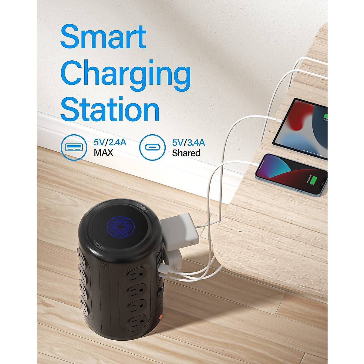 Power Strip Tower with 16 Outlets and 5 USB Ports (2 USB-C), TenTrend 1875W 1500J Surge Protector with 6 FT Extention Cord, Multi Outlet Tower for Home Office Desk, Dorm Room Essentials Black