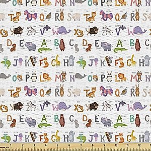 Ambesonne Alphabet Fabric by The Yard, Pattern of Animals and First Letters Learning Themed Image, Decorative Fabric for Upholstery and Home Accents, 1 Yard, White