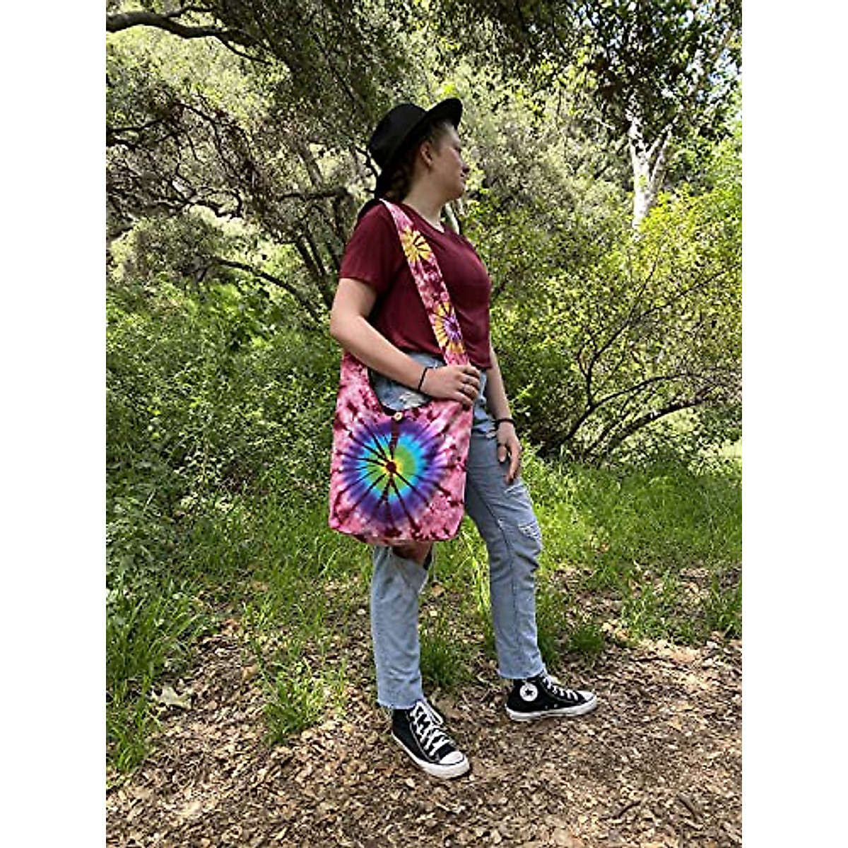 Tie Dye Crossbody Shoulder Hippie Boho Handbag Purse in Pink Large