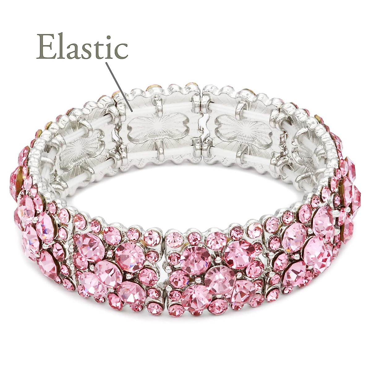 Lavencious Round Shape Rhinestones Elastic Stretch Bracelet Party Jewelry for Women 7"(Silver Pink)