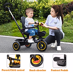 Lamgool Toddler Tricycles 4 in 1 Stroll Trike with Push Handle Removable Canopy Detachable Guardrail Retractable Foot Plate Safety Harness Storage Stroller Kids Tricycle for 12Months to 5 Years Yellow
