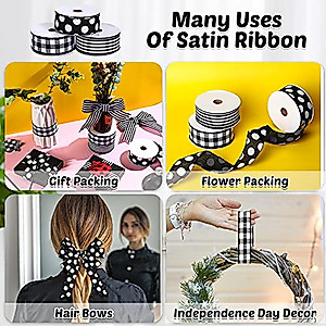 3 Rolls Black White Wired Edge Ribbons Buffalo Check Plaid Wrapping Ribbons Black White Striped Grosgrain Ribbons Black Polka Dot Ribbons with White Dots for DIY Crafts Decor, 1.5 Inches x 10 Yards