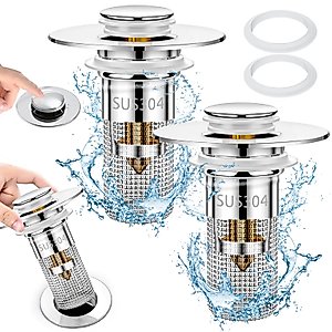 Ponpon 2pcs Bathroom Sink Stopper, Basin Pop Up Bathroom Sink Drain Strainer, Universal Drain Hair Catcher with Removable Filter Basket for 1.1-1.3 Inch