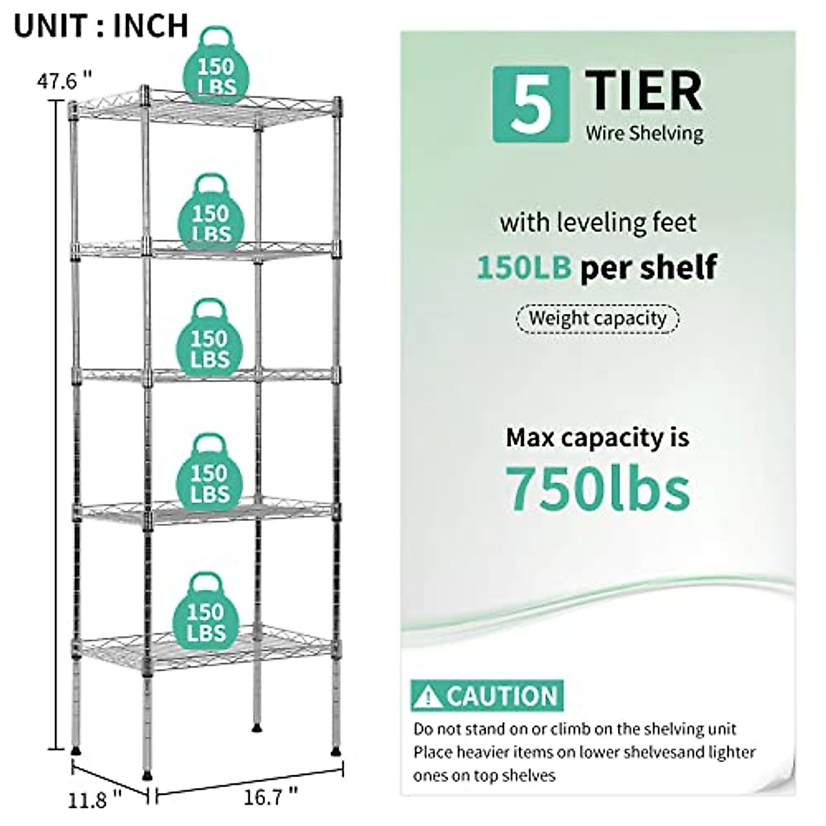XXkseh 5 Tier Storage Shelves Wire Shelving Unit Adjustable Metal Shelf Heavy Duty Garage Storage Rack Wire Shelves Display Rack for Laundry Livingroom Kitchen, 16.7" L×11.8" W×47.6" H, Chrome