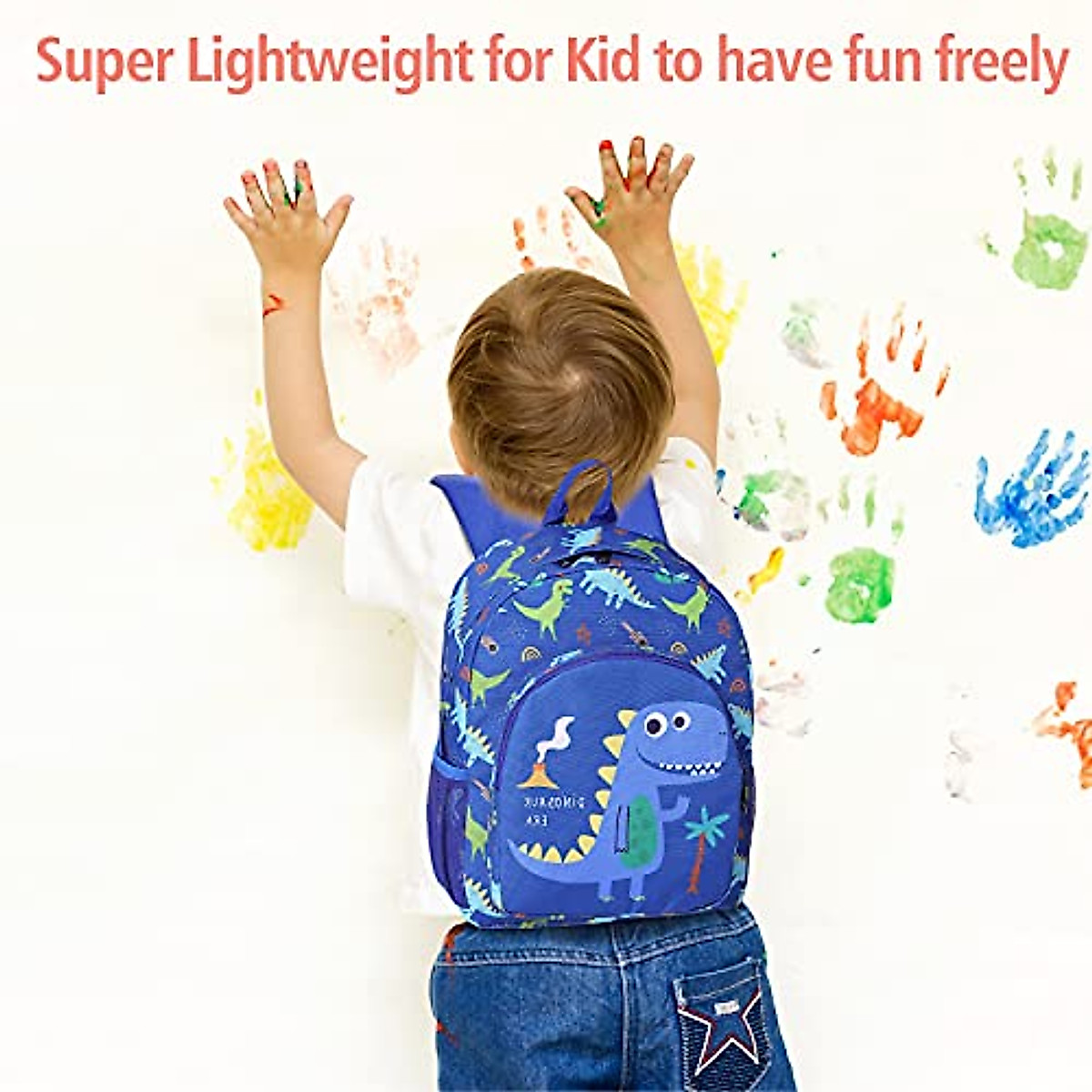 F-color Kids Backpack for School - Lightweight Toddler - Water Resistant Preschool Backpack for Boys and Girls with Chest Strap, Reflective Stripes, BPA Free, Dinosaur Blue