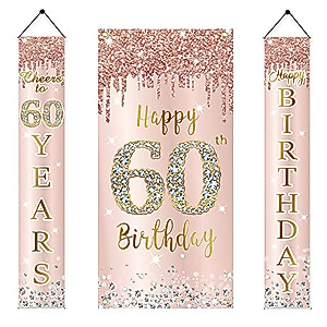 60th Birthday Door Banner Decorations for Women, Pink Rose Gold Happy 60th Birthday Door Cover & Porch Backdrop Party Supplies, Large Sixty Year Old Birthday Sign Decor for Outdoor Indoor