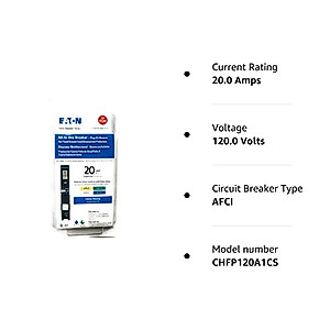 All-In-One Breaker 20 Amp single Pole Plug-on Neutral Arc Fault/Ground CHFP120A1CS Eaton