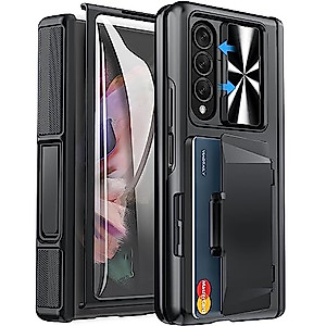 Viaotaily for Samsung Galaxy Z Fold 3 Case with Card Holder & Kickstand & Slide Camera Protection, Built-in Screen Protector & Hinge Protection, Durable Shockproof Wallet Phone Case for Z Fold 3,Black
