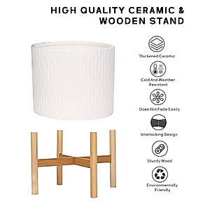 LaDoVita Ceramic Plant Pot with Stand, 8 Inch Planter with Wood Shelf, Modern Round Flower Pots Indoor with Wood Planter Holder, White Water Ripple Pattern