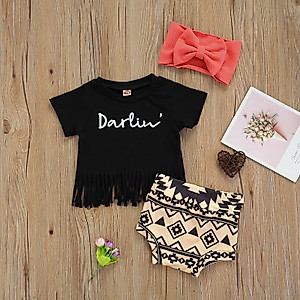 Newborn Baby Girls Clothes Sets 3pcs Letter Short Sleeve Tassel T Shirts Snakeskin Printed Shorts Headband (Black, 0-6 Months)