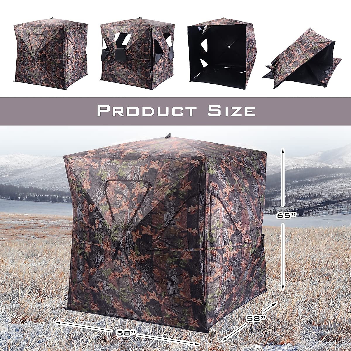 GYMAX Hunting Blind, 2-3 People Pop Up Ground Blind Tent, 360 Degree See Through for Deer,Turkey, Portable Durable Hunting Tent with Mesh Window, Hub System & Carry Bag, Camo Ground Blinds