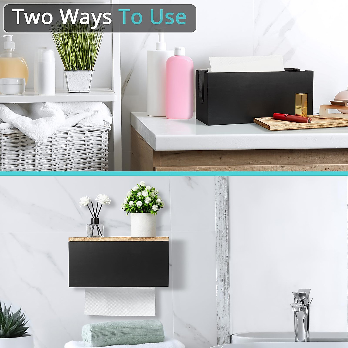 Paper Towel Dispenser Wall Mount, Wooden Bathroom Paper Towel Holder with Lid for Home and Commercial, Countertop C-Fold, Z-Fold, Trifold Paper Hand Towel Dispenser for Bathroom Kitchen Office, Black