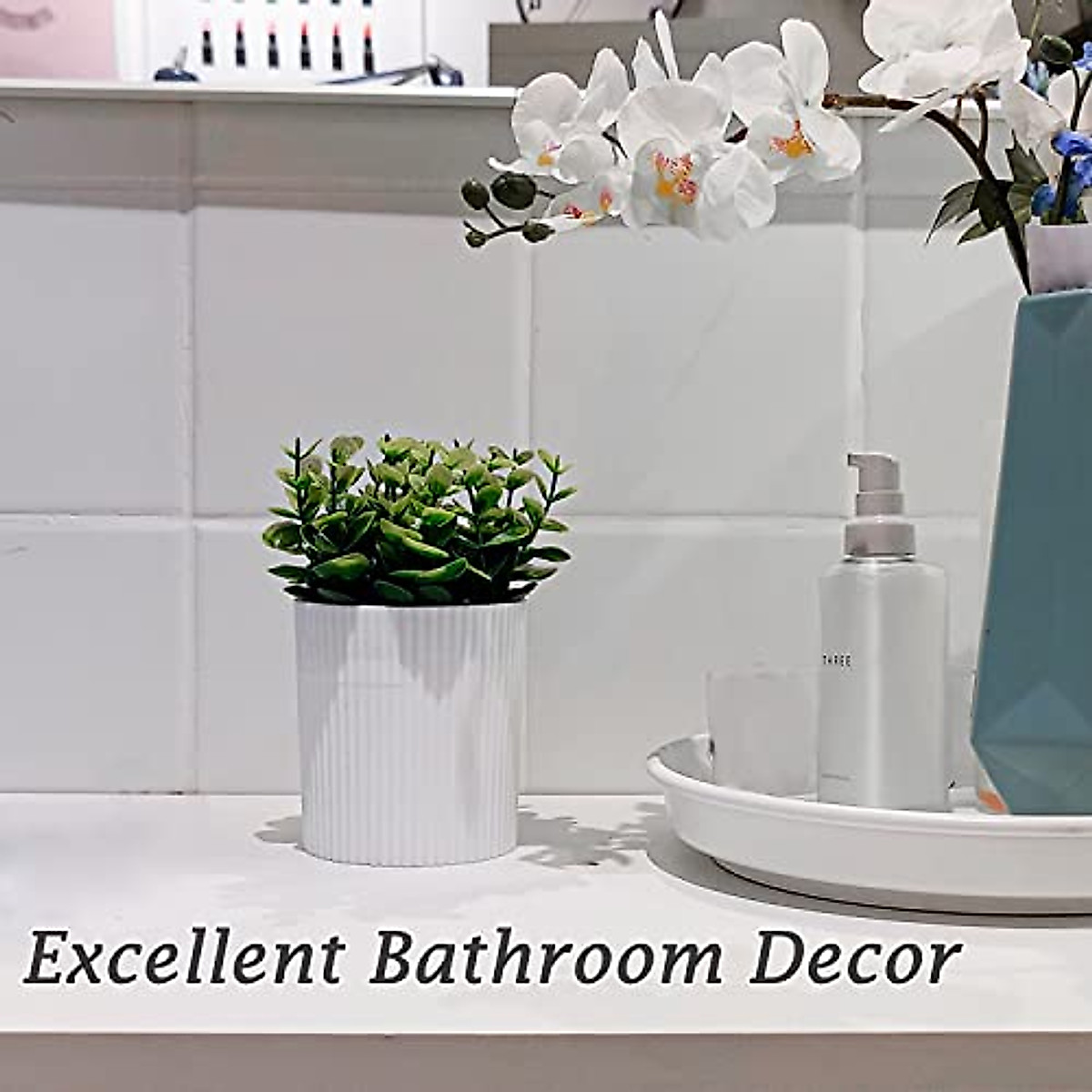 Bathroom Canister, Bathroom Storage Organizer For Cotton Ball, Bath Salts, Cotton Rounds,Floss Picks, Hair Clips, Apothecary Jars For Vanity Makeup Organizer, Cute Artificial Plants Design As Perfect Bathroom Decoration & Accessories (White)