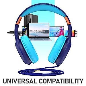 FosPower Kids Headphones with 3.5mm Laced Cables, Children & Teens Over The Ear Foldable Adjustable Headset w/Built-in Mic for Smartphones/PC/Tablet/Laptop/School (Max Volume 85dB) - Blue