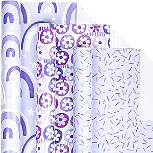 LeZakaa Purple Gift Wrapping Paper - Mini Roll - Flower Ball/Colorful Strip/Arch Print for Gift Wrap, Arts Crafts - 17 x 120 inches - 3 Rolls (43.77 sq.ft.ttl.)