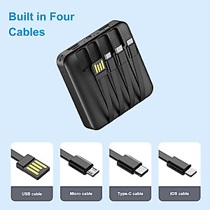 Solar Power Bank 12000mAh,Small Solar Charger Built in 4 Cables,USB C Input/Output,Dual Flashlight External Battery Portable Charger Power Bank for iPhone15/14/13/12/11/10/9/8,Tablet,Samsung (black)