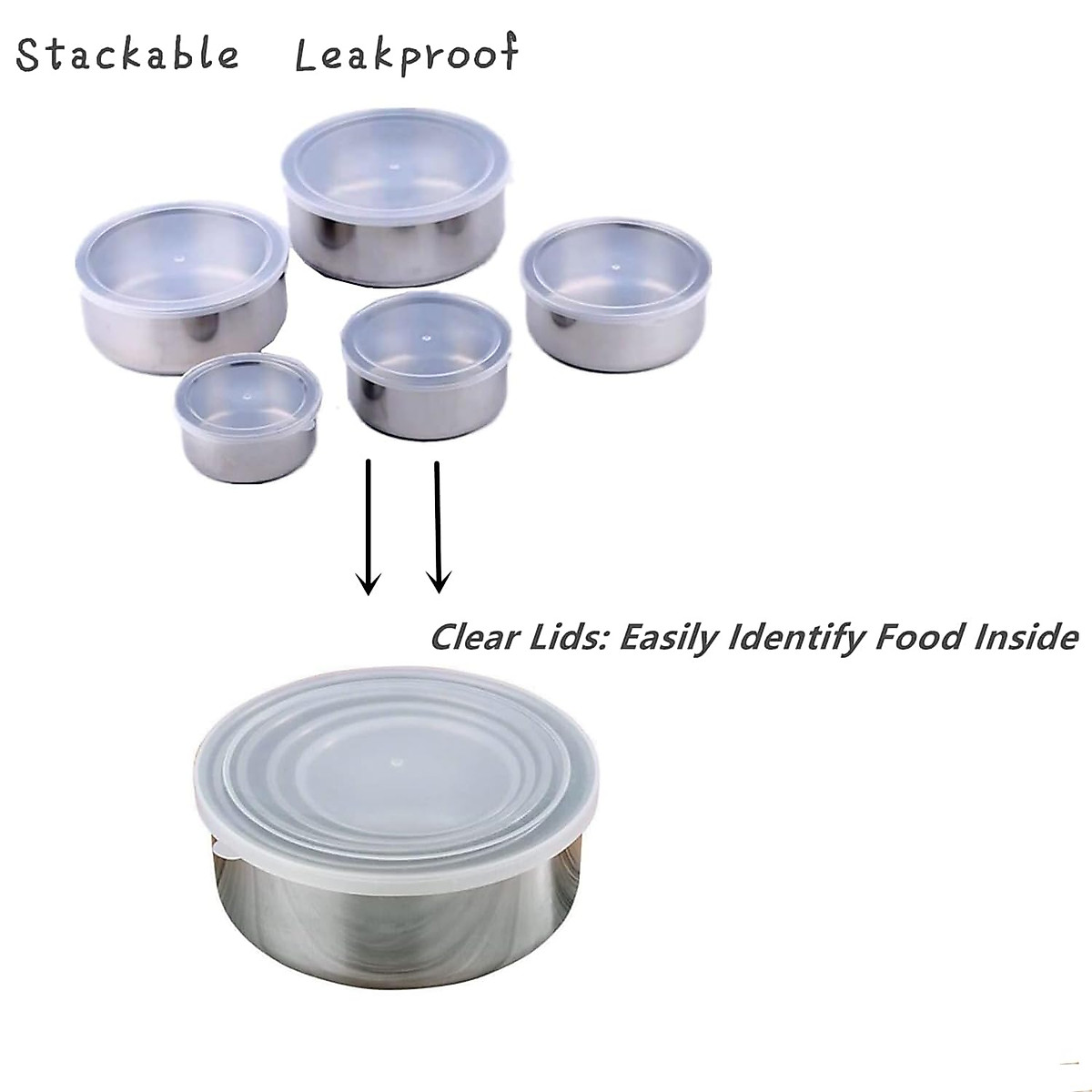 Tsyware [Set of 5] Stackable Stainless Steel Snack Food Storage Containers With Lids, Leakproof Clear Lids For Lunch, Leftovers, Soups, Salads Meal Prep and Storage, Reusable for Kids and adults