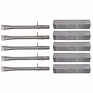 5-Pack BBQ Gas Grill Tube Burner & Heat Shield Plate Tent Replacement Parts for Brinkmann 810-4457-F - Compatible Barbeque Stainless Steel Pipe Burners & Flame Tamer, Guard, Deflector, Flavorizer Bar