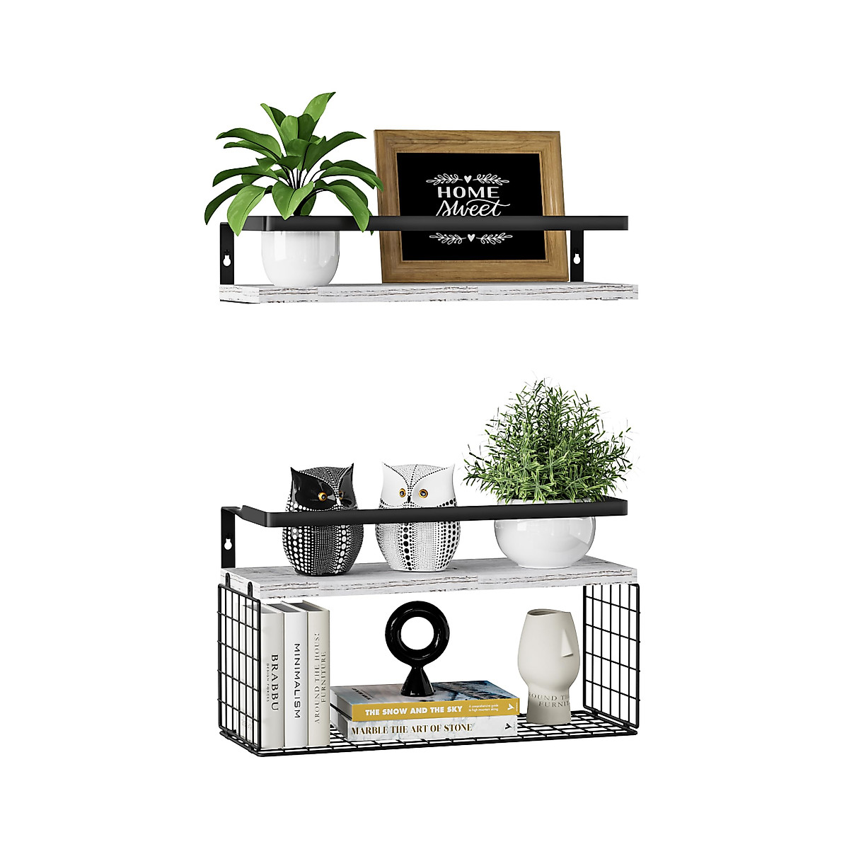 TARGETHOBBY HOBBYMATE Floating Shelves, Wall Mount Storage & Organizer Shelf with Metal Basket and Guardrail, Wall Decor Display Shelves - Rustic White