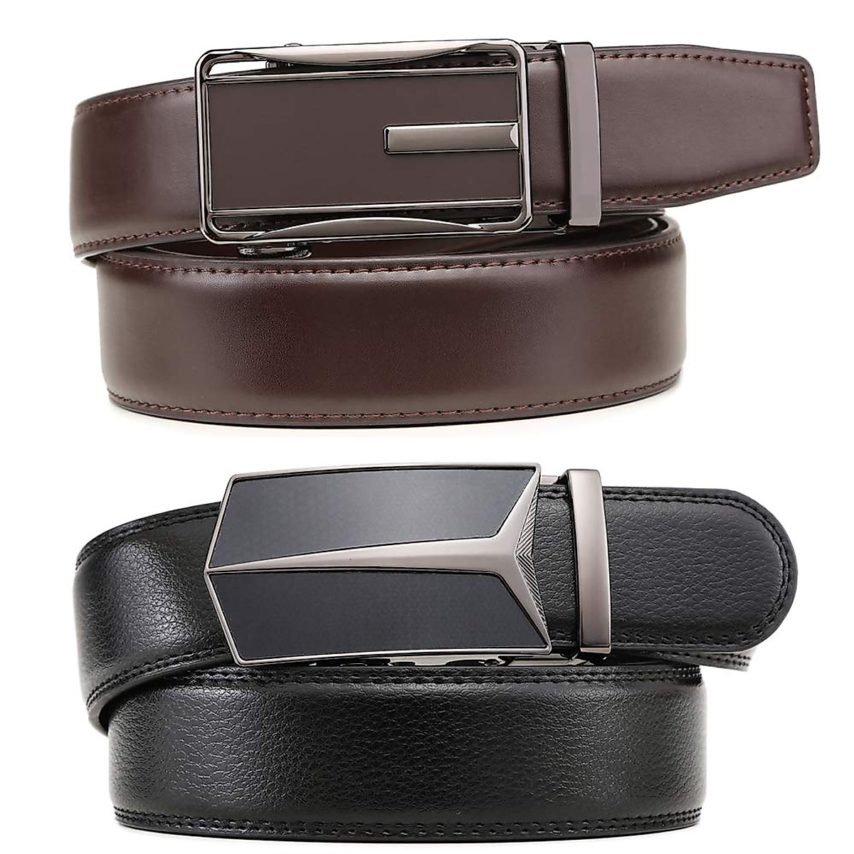 Founders & C Mens Belt 2 Pack,Leather Ratchet Click Belt Dress with Slide Buckle 1 3/8" in Gift Set Box- Size Adjustable (Ratchet Belt Black/Dark Brown, 28"-42" Waist Adjustable)