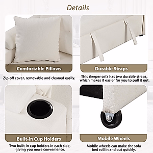 P PURLOVE Sectional Sofa with Pull-Out Sofa Bed, Boucle L-Shape Sleeper Sofa with Wheels, USB Charging Port and Power Sockets, Modern Upholstered Couch for Living Room, Bedroom, Apartment (Beige)