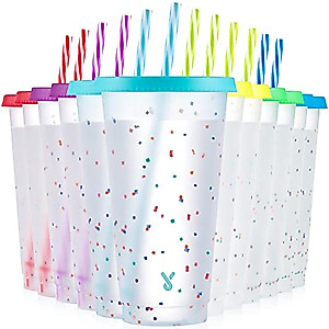 Meoky Color Changing Cups with Lids and Straws - 12 Pack 24oz Reusable Plastic Tumblers for Kids and Adults, Confetti Color Changing Cups for Iced Coffee, Party, Pool