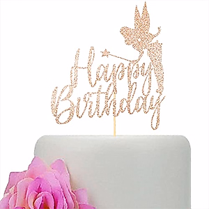 Tinker Bell Happy Birthday Cake Topper, Fairy Tinkerbell Disney Princess Girls Birthday Party Cake Decorations, Rose Gold Glitter