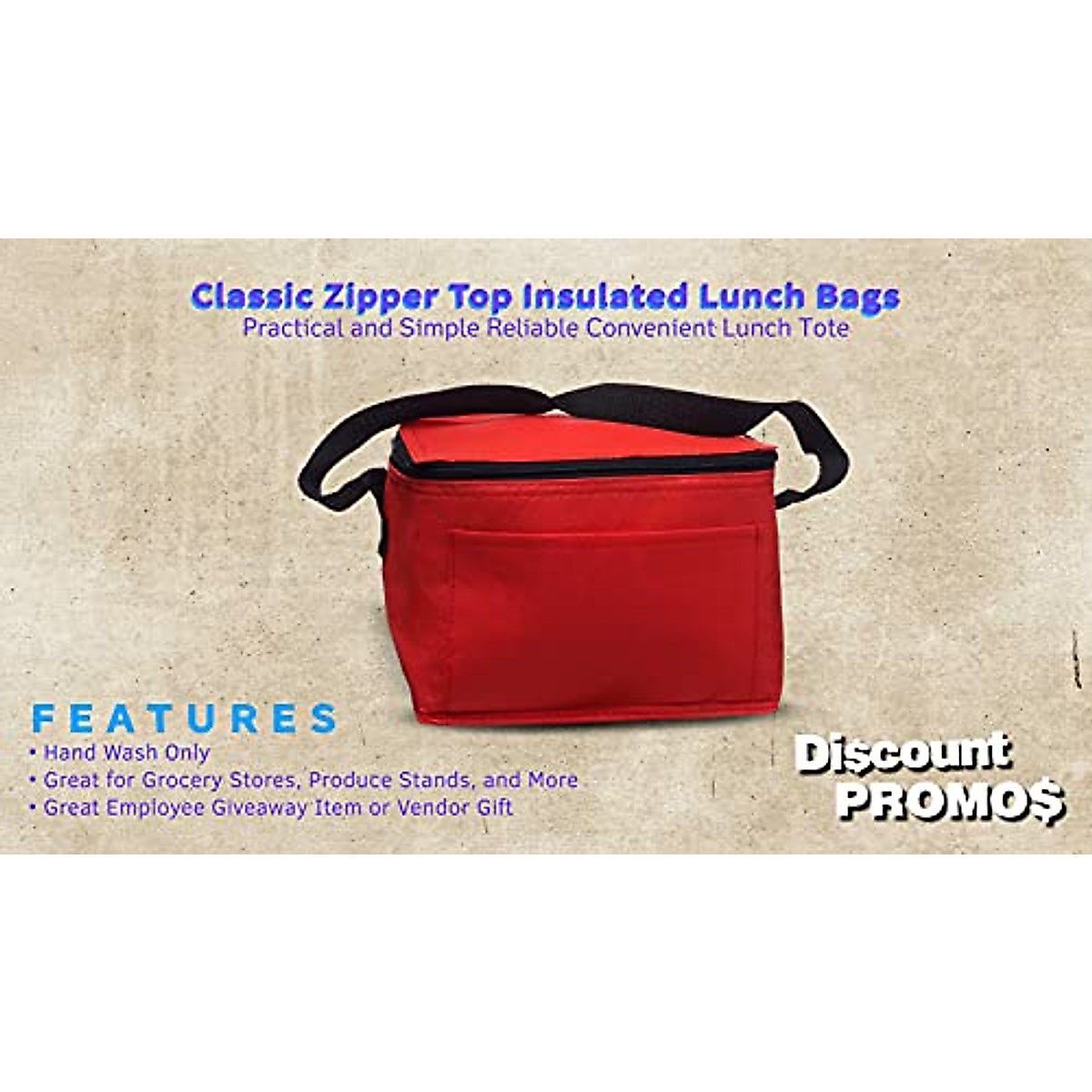 DISCOUNT PROMOS 10 Zipper Top Insulated Lunch Bags Set - Non Woven, Vibrant, Black Strap - Red