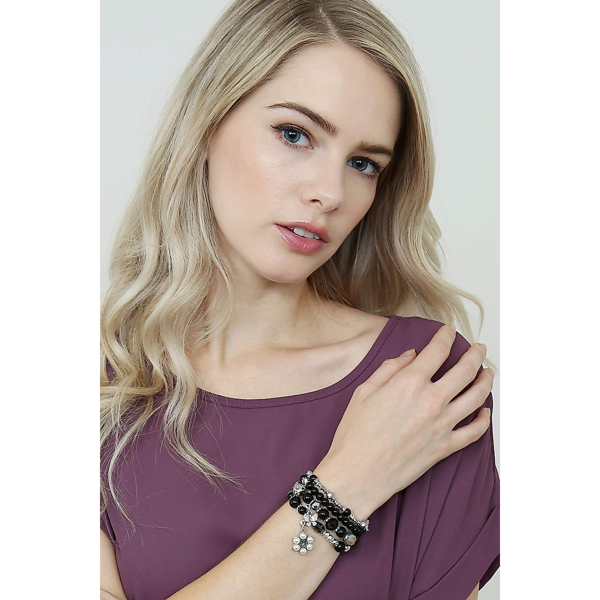 RIAH FASHION Bohemian Multi Strand Faux Pearl Bracelets - Layer Beaded Statement Stretch Lovely Crystal Bangles Star, Heart (Butterfly - Black)