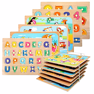 WOOD CITY Toddler Puzzles and Rack Set, Wooden Peg Puzzles Bundle with Storage Holder Rack, Educational Knob Puzzle for Kids Age 2 3 4 Years - Alphabet Number Shape Dinosaur Animal Vehicle