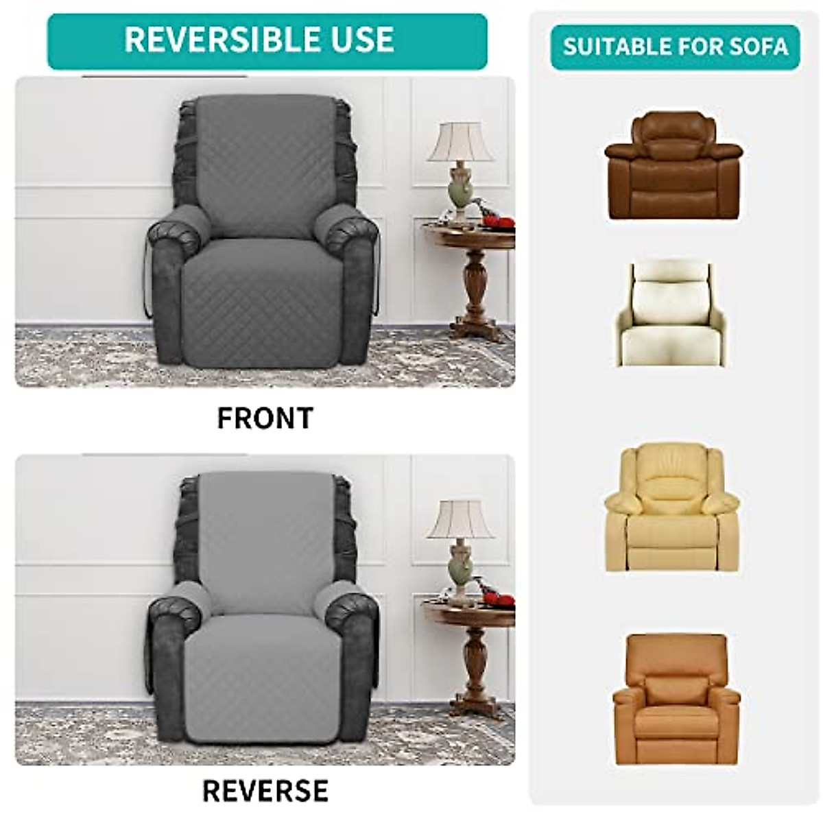 Easy-Going Waterproof Recliner Chair Sofa Cover with Pocket, 1-Piece Reversible Couch Cover for Recliner, Washable Protector with Elastic Straps for Dogs, Pets (Recliner Chair, Gray/Light Gray)