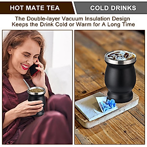 Husfunov 8oz Yerba Mate Cup, 304 Stainless Steel Double-Wall Mate Cup, Heat Insulation Yerba Mate Gourd, Tea Cup Set Includes Cleaning Brush & 2 Bombillas (Black)