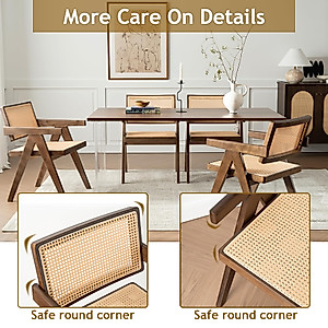 THEETHUNG Rattan Dining Chairs Set of 4, Cane Kitchen Chairs Woven Chairs Boho Solid Wood Frame Armchair Mid Century Modern Side Chairs for Dining Room Living Room Bedroom, Walnut